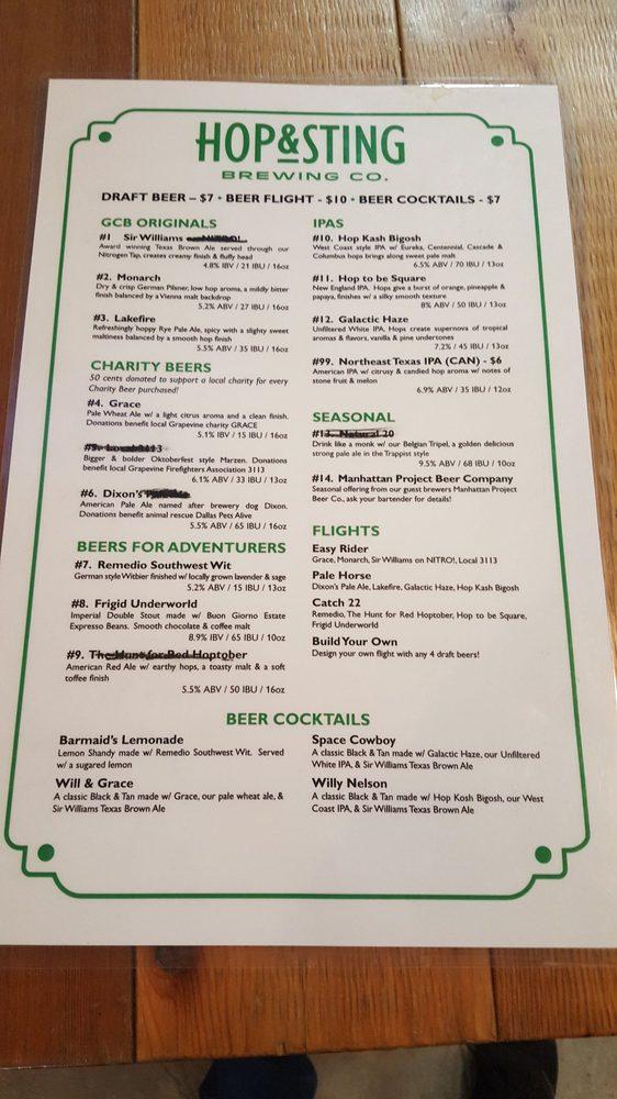 Menu at Hop and Sting Brewing Company restaurant, Grapevine, 906 Jean St