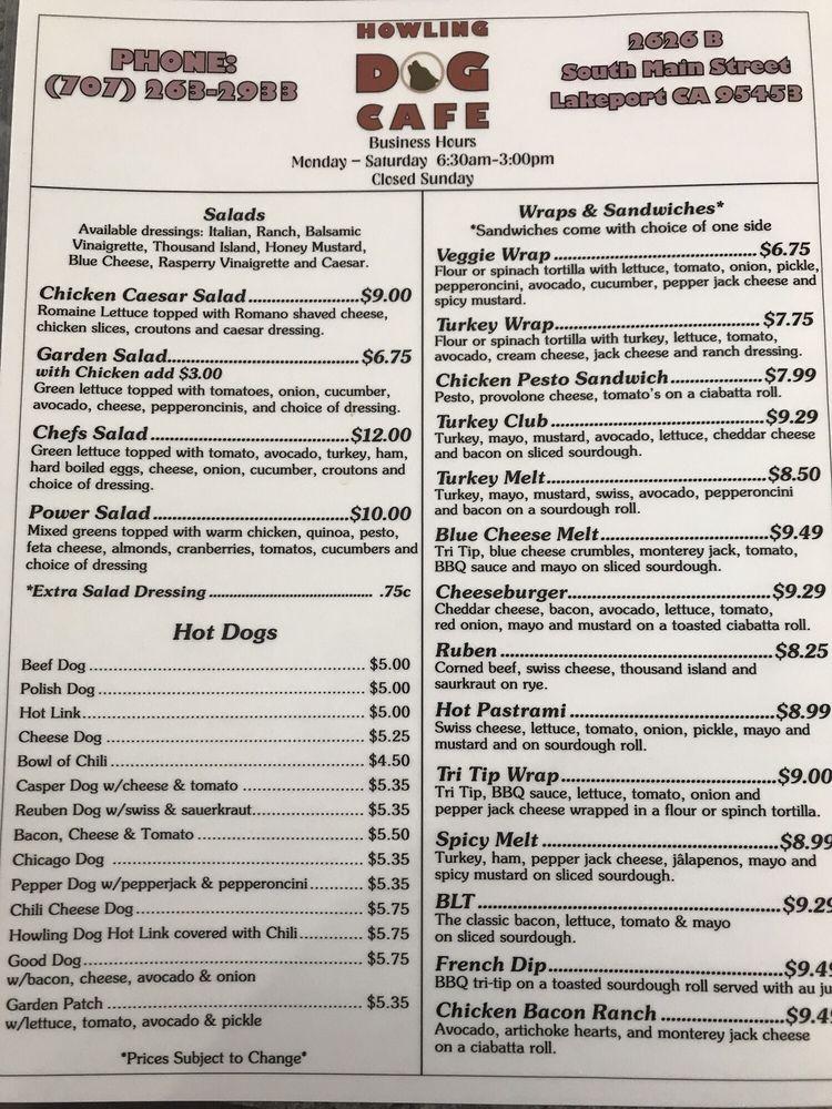 Menu at Howling Dog Cafe, Lakeport, S Main St