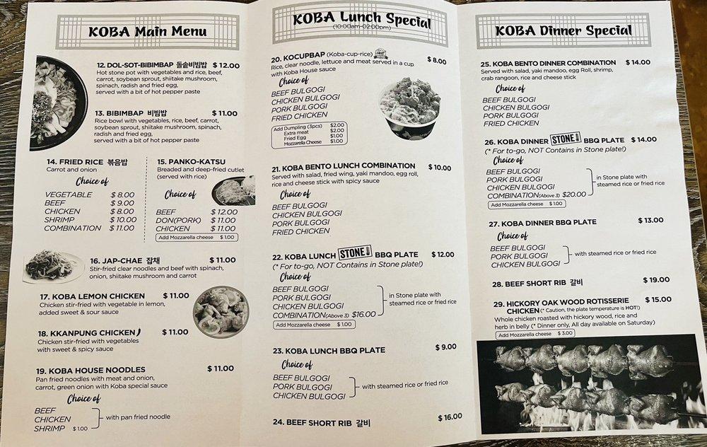 Menu at KOBA Korean Stone BBQ, Saint Robert