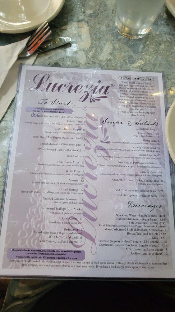 Menu at Lucrezia Café restaurant, Chesterton