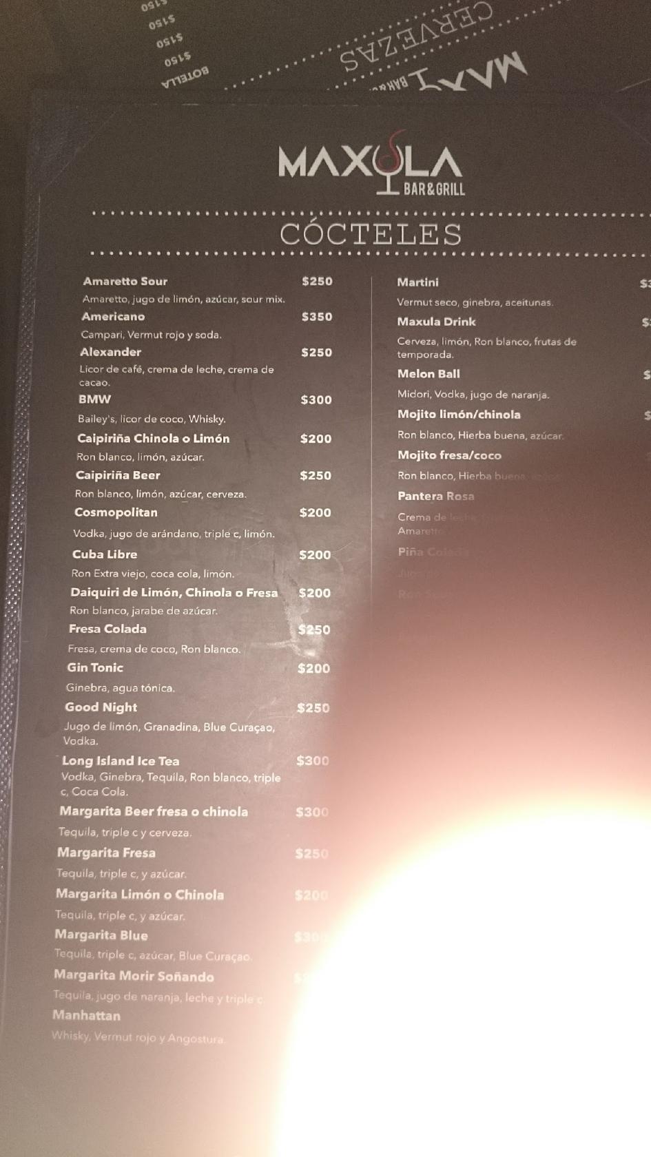 Carta de Maxula bar + grill, Santo Domingo