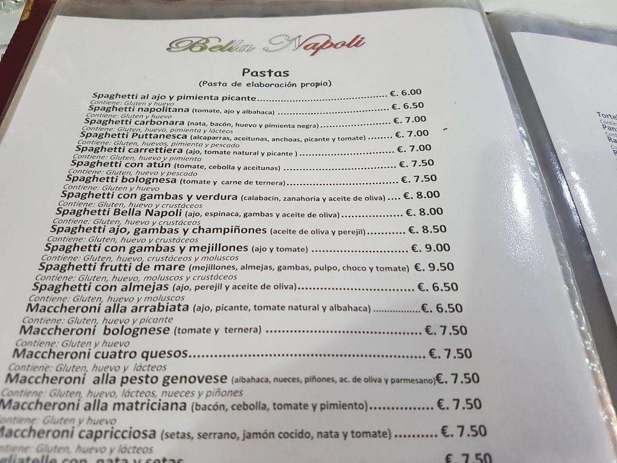 Menu at Pizzería Bella Napoli, Puertito de Güímar