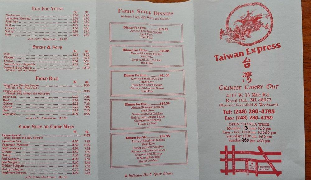 Menu at Taiwan Express restaurant, Royal Oak