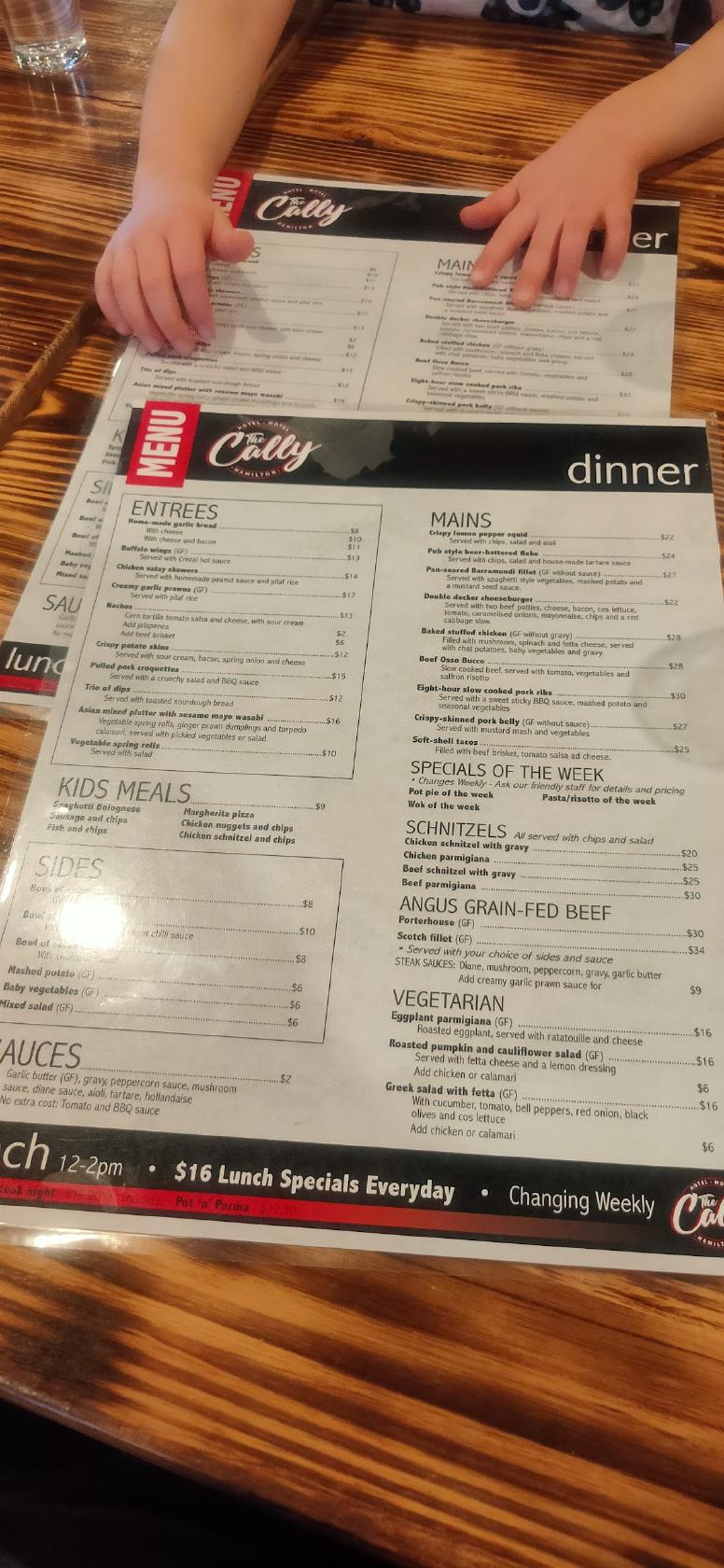 Menu at “The Cally” - Caledonian Hotel Motel restaurant, Hamilton