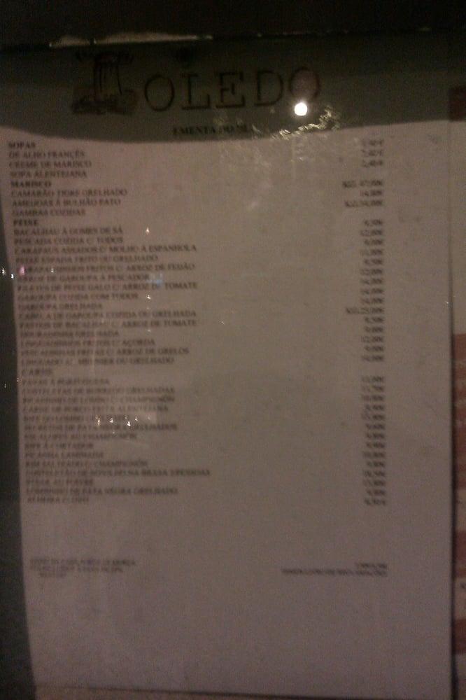 Menu at Toledo restaurant, Lisbon