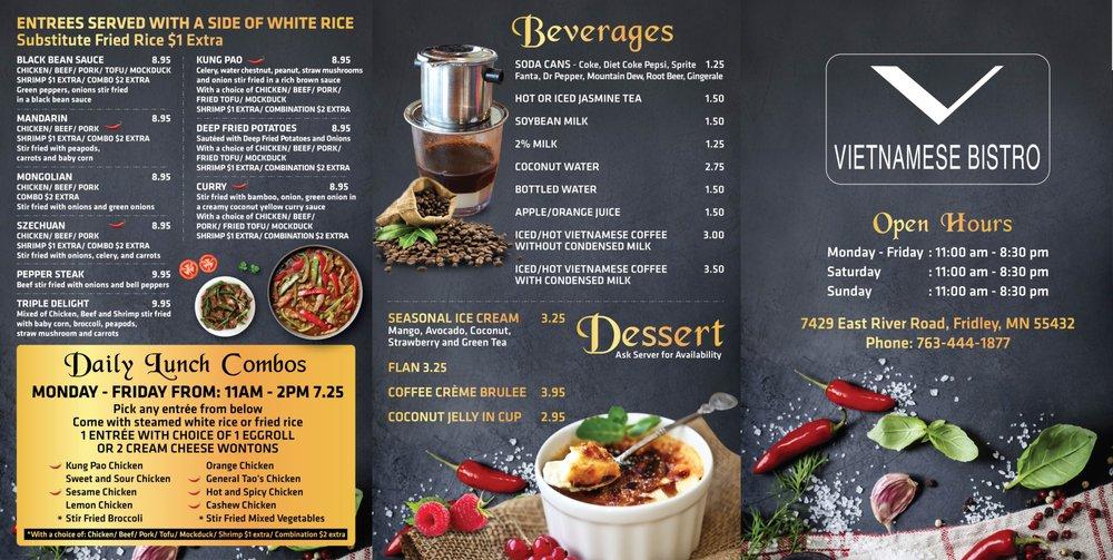 Menu at V-Bistro (Viet Bistro) restaurant, Fridley
