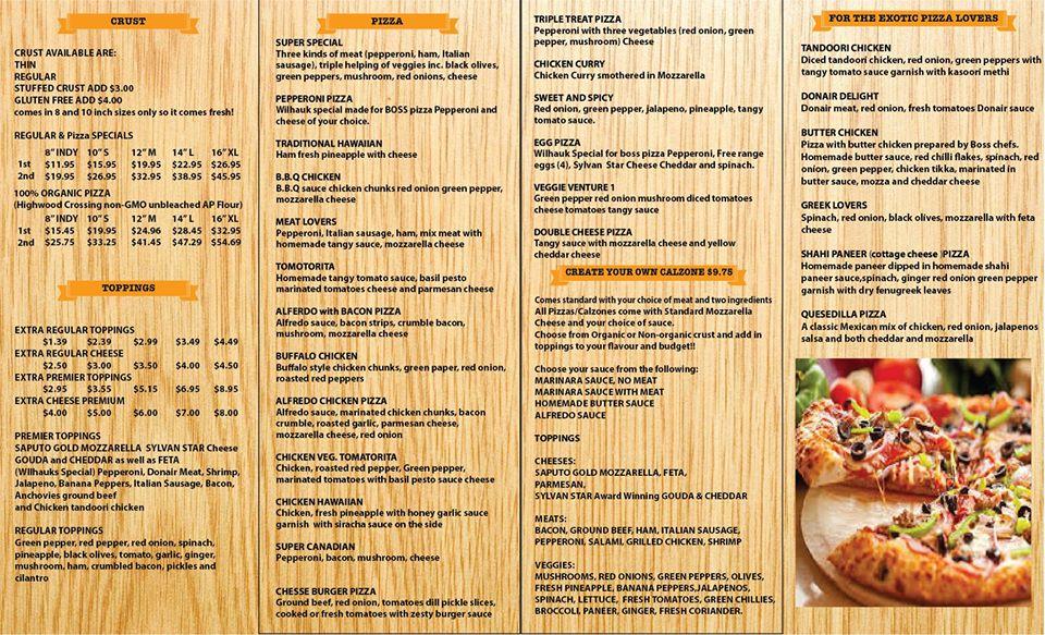 Menu at Boss Pizza pizzeria, Edmonton