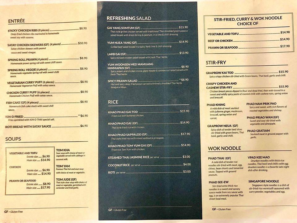 Menu at Kin-D Thai Restaurant @Brunswick, Brunswick