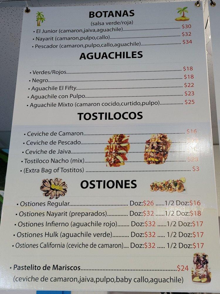 Menu at Mariscos El Nacho restaurant, Merced