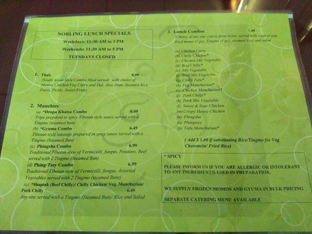 Menu at Norling restaurant, Toronto