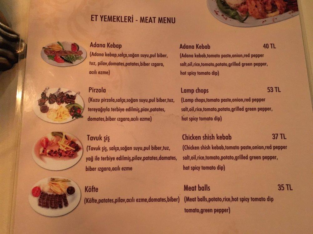 Menu at Seven Hills Restaurant, Istanbul