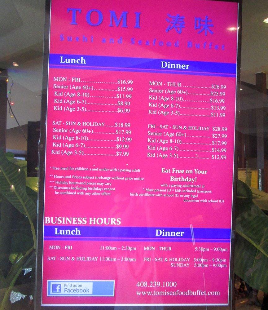 Menu at Tomi Sushi & Seafood Buffet restaurant, San Jose, Eastridge ...