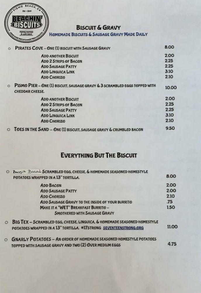 Menu at Beachin’ Biscuits restaurant, Pismo Beach