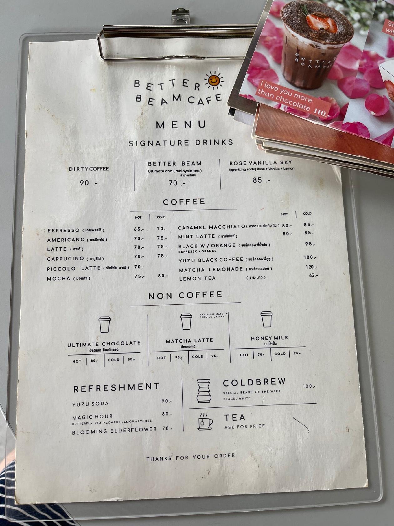 Menu at Better Beam cafe, Bangkok