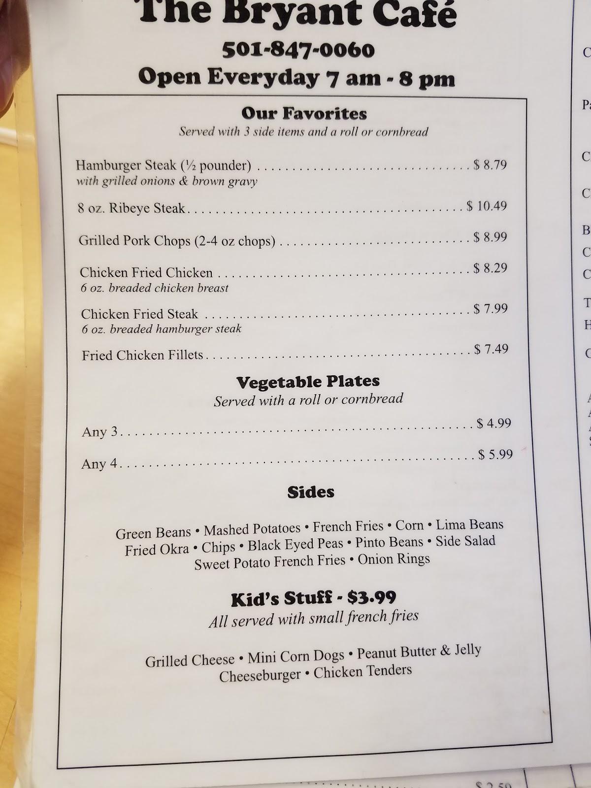 Menu at Bryant Cafe, Bryant