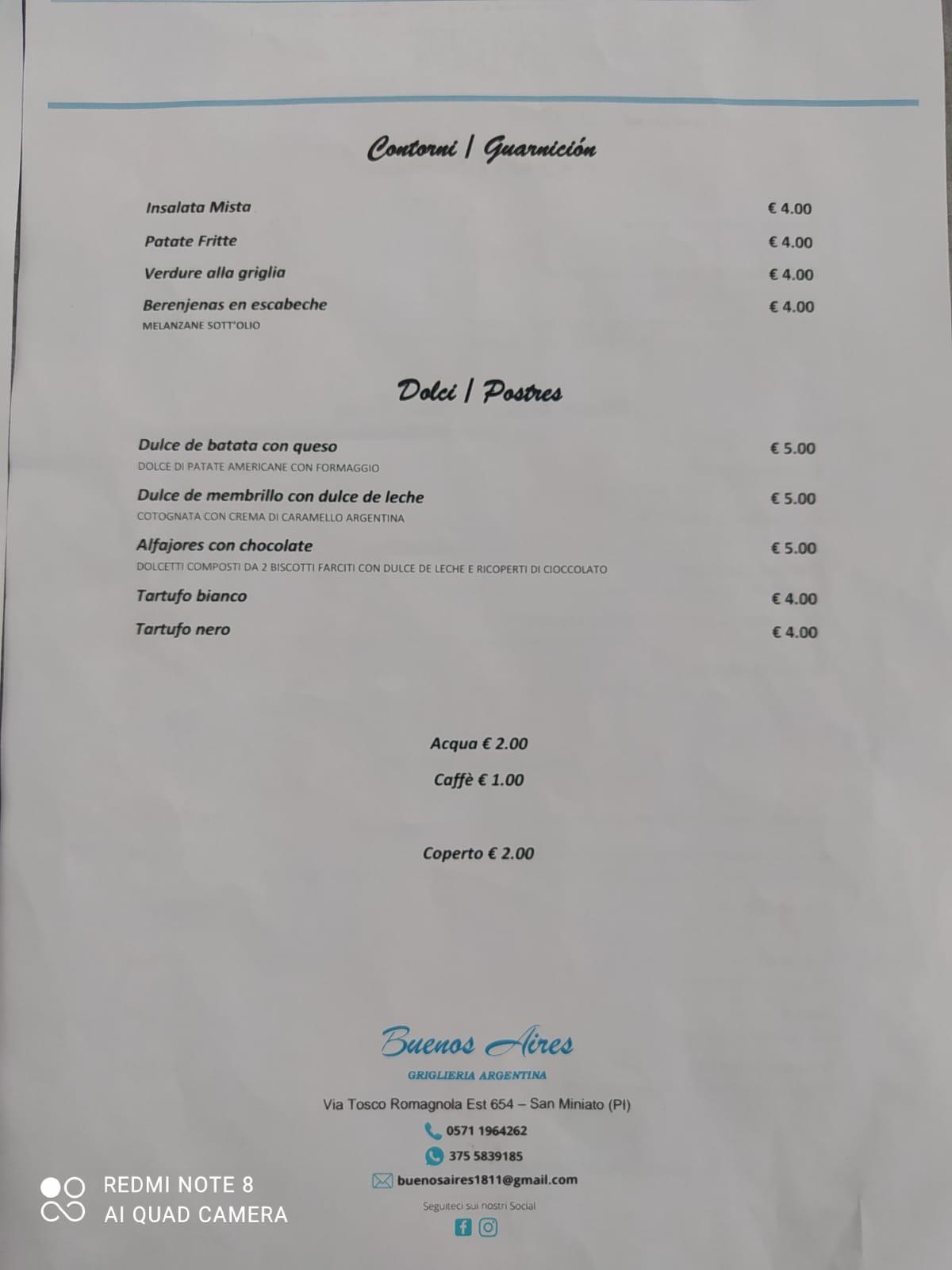 Menu at Buenos Aires Griglieria Argentina restaurant, San Miniato