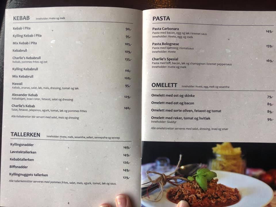Menu at Charlie's Diner restaurant, Spydeberg