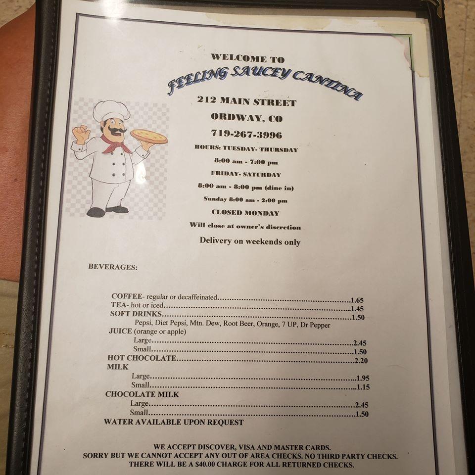 Menu at Feeling saucy pizzeria, Ordway