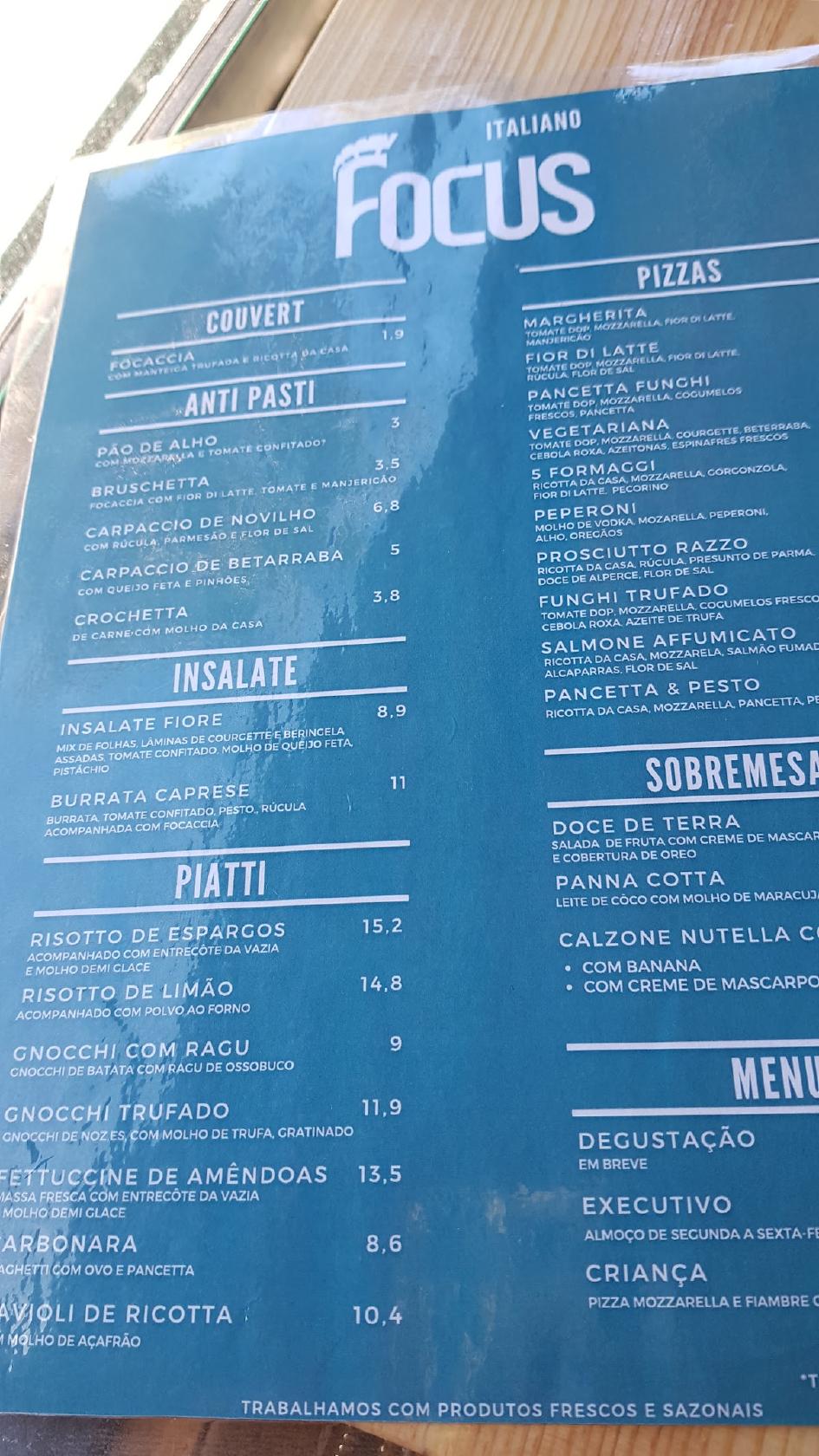 Menu em Focus Italian - Restaurante Italiano, Oeiras