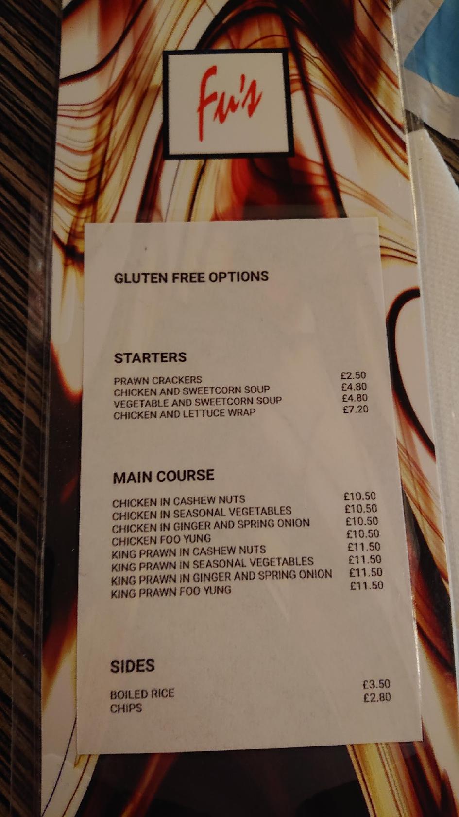 Menu at Fu's restaurant, Caernarfon, Block A