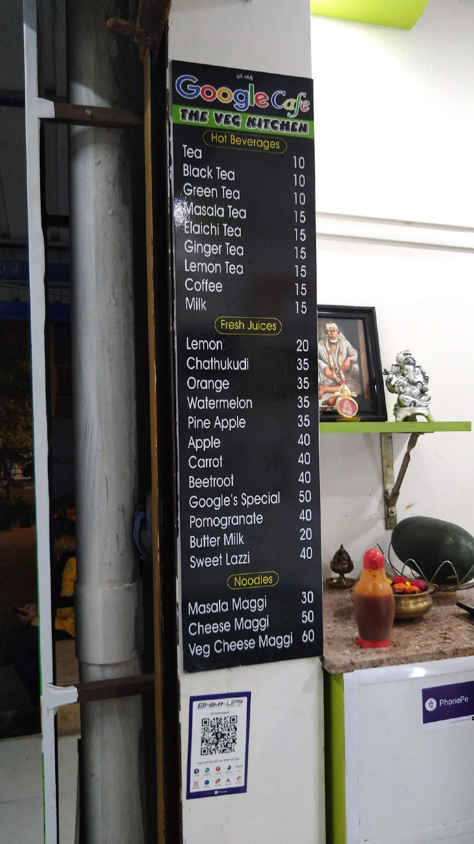 Menu at Google Cafe, Chennai