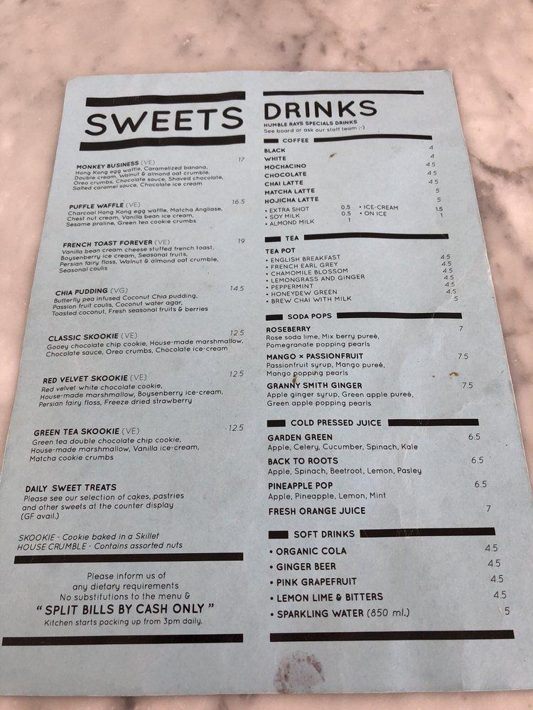 Menu at Humble Rays cafe, Carlton