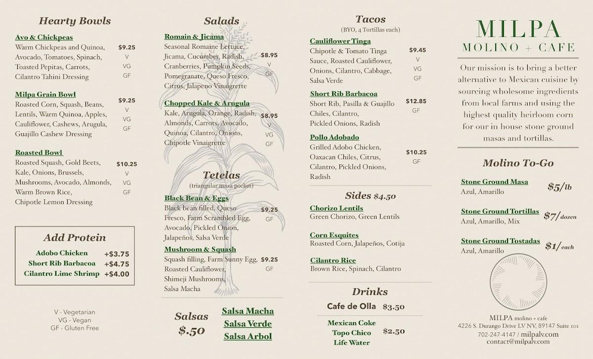 Menu at Milpa restaurant, Las Vegas