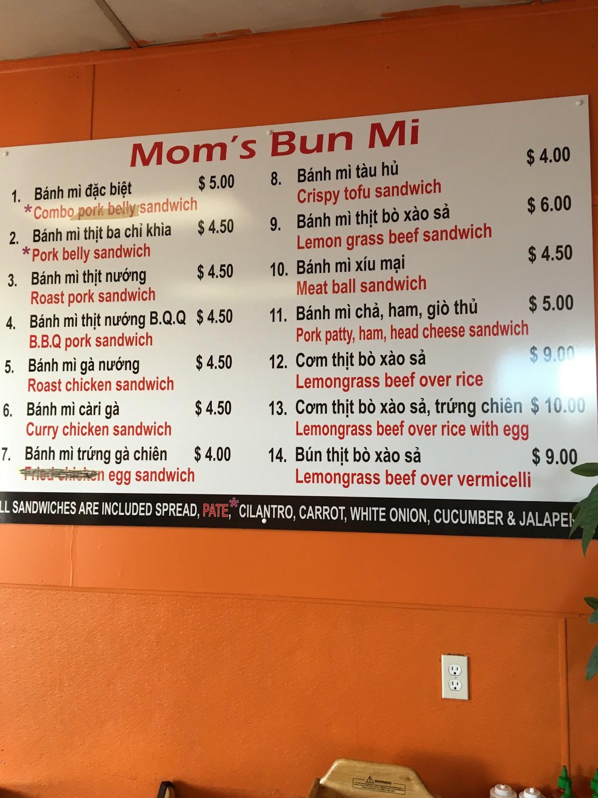 Menu at Mom's Bun Mi restaurant, Oakland