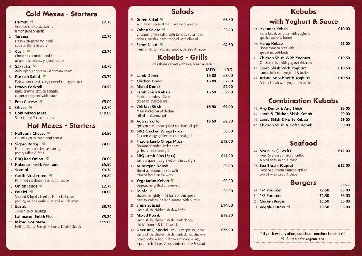 Menu at Onur BBQ, Ilford, 139 High St