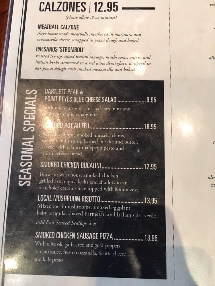Menu at Paesanos pizzeria, Davis