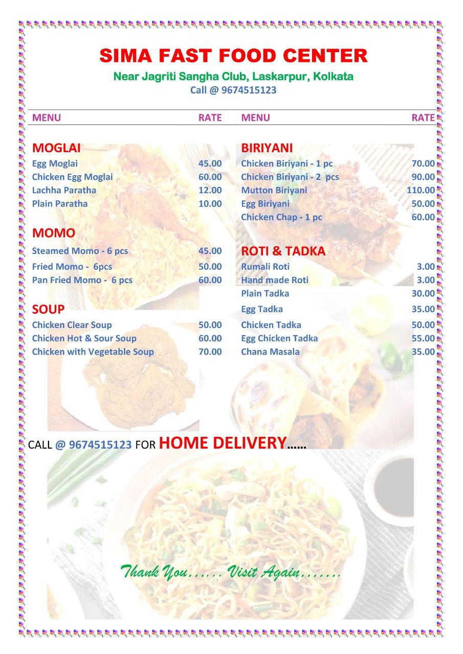 Menu at SIMA Fast Food Center, Kolkata, F92P+W9M