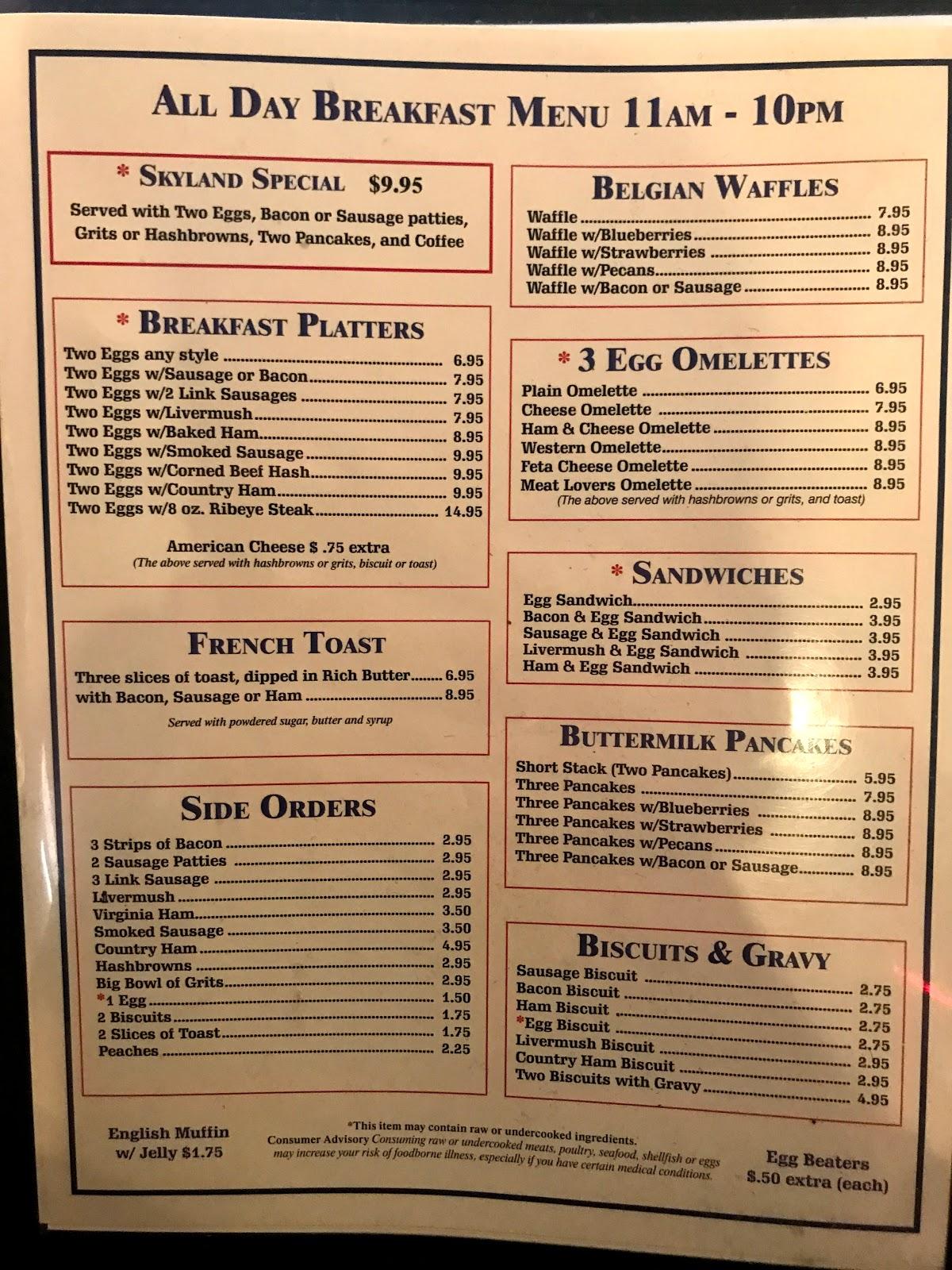 Menu at Skyland Family Restaurant, Charlotte