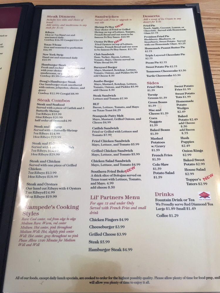Menu at Stampede Steakhouse, Talladega