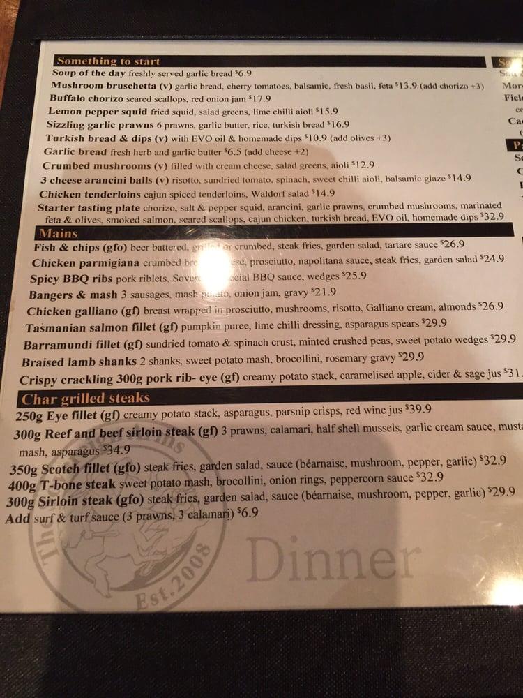 Menu at The Sovereign Arms restaurant, Joondalup
