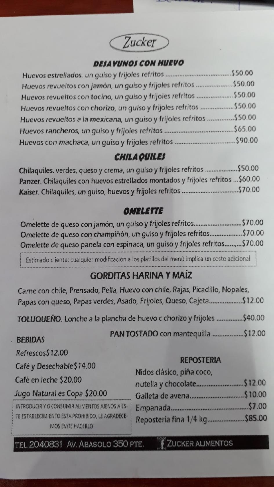 Carta del restaurante Zucker Alimentos, Torreón