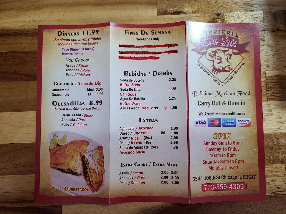 Menu at Birrieria Don Luis restaurant, Chicago