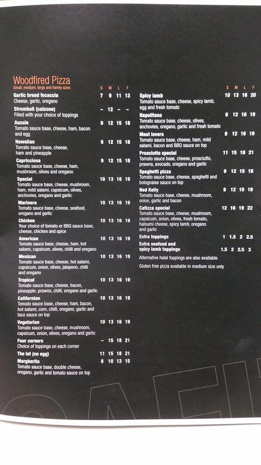 Menu at Cafizza restaurant, Geelong