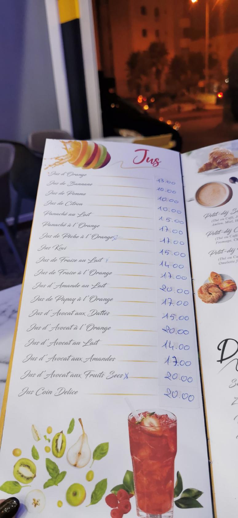 Menu au Coin délices restaurant, Temara