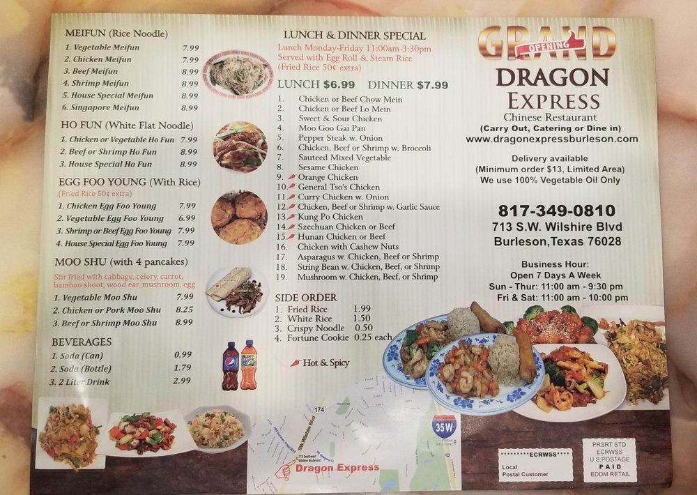 Menu at Dragon express restaurant, Burleson
