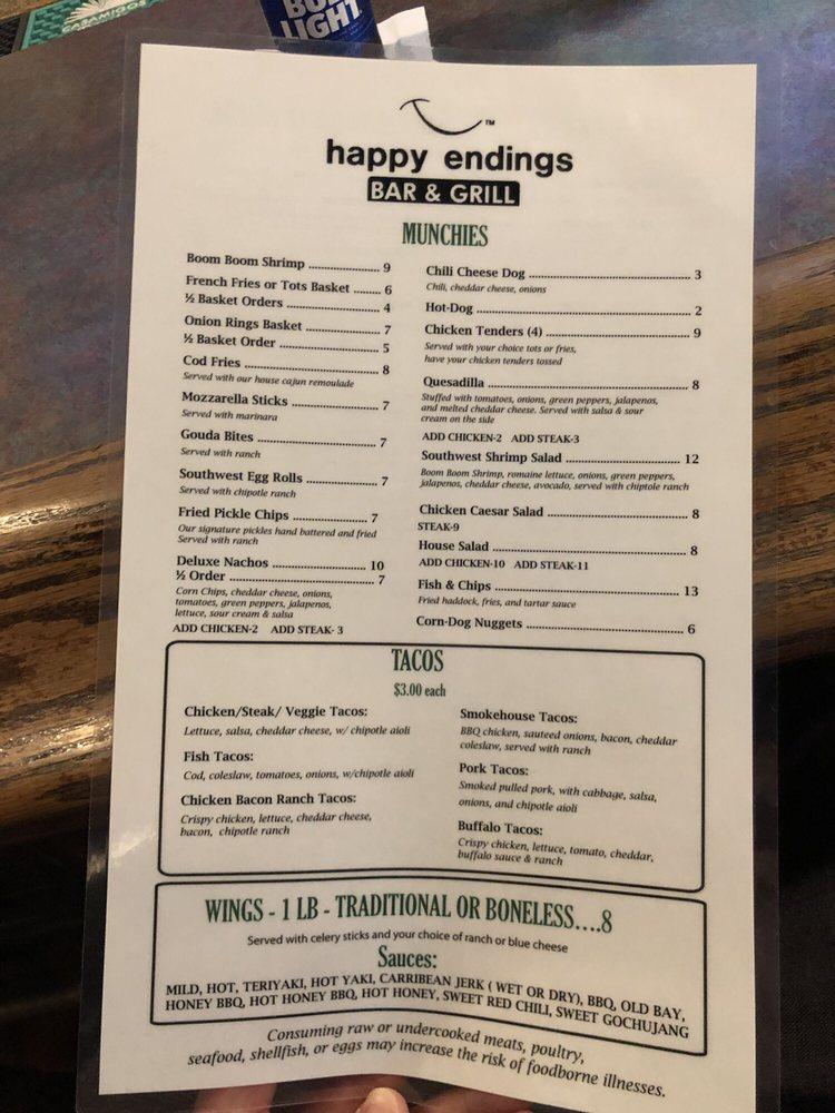 Menu at Happy Endings pub & bar, Fredericksburg