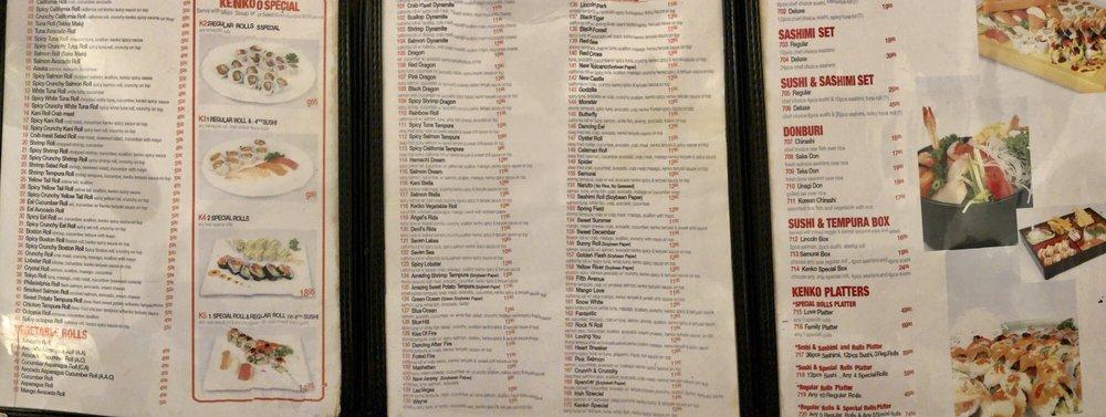 Menu at Kenko Sushi restaurant, Lincoln Park