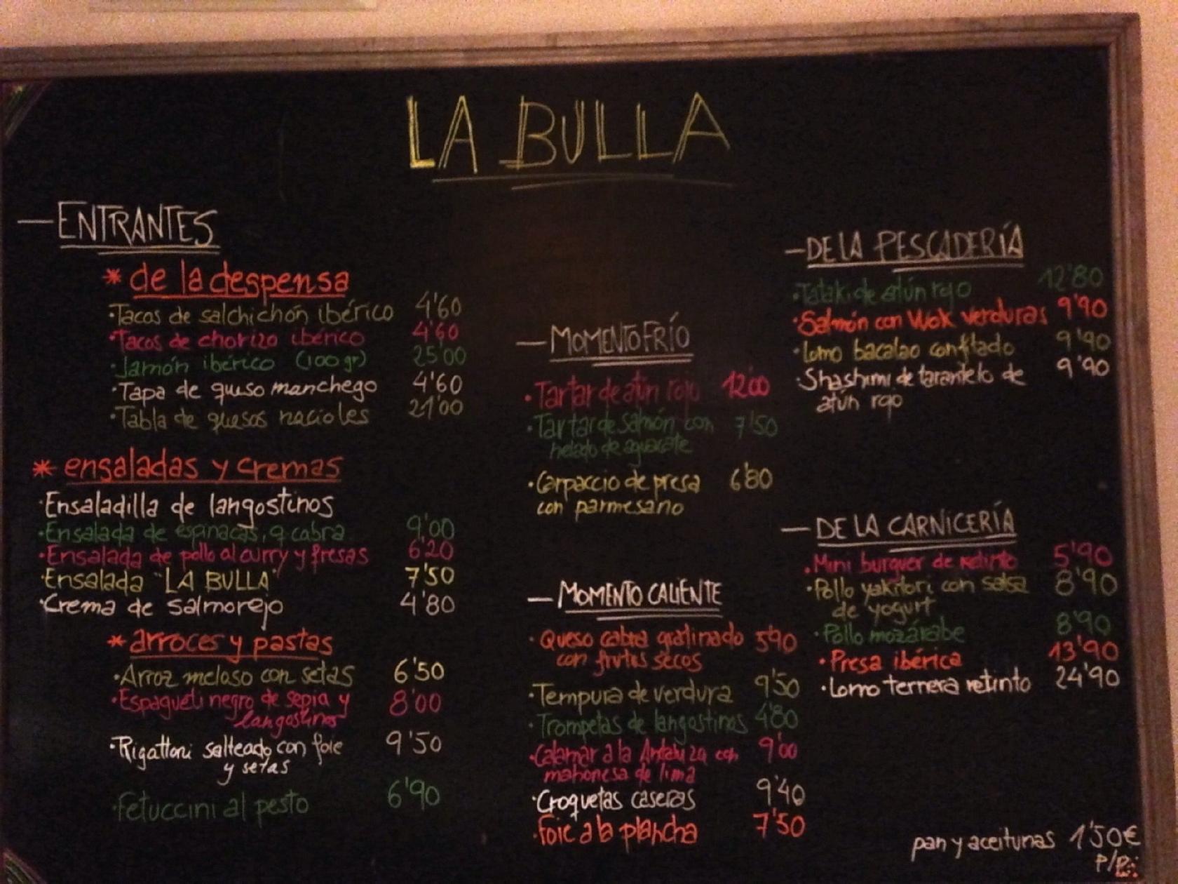 Menu at La Bulla pub & bar, Seville