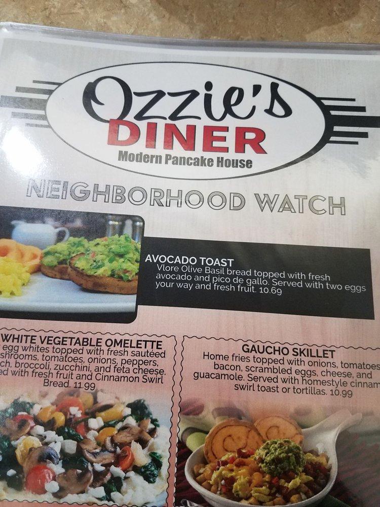 Menu at Ozzie's Diner restaurant, Aurora