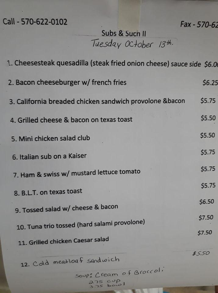 Menu at Subs N' Such restaurant, Pottsville