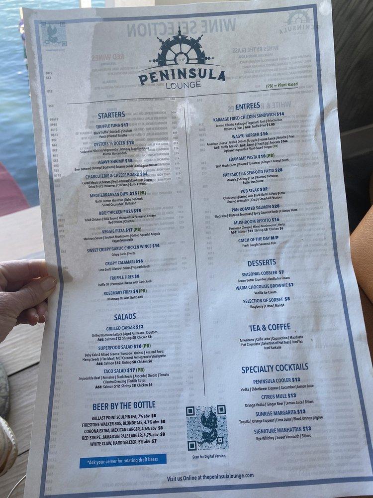 Menu at The Peninsula Lounge restaurant, Newport Beach