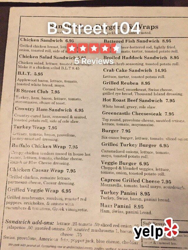 Menu at B Street 104 Restaurant & Pub, Greencastle