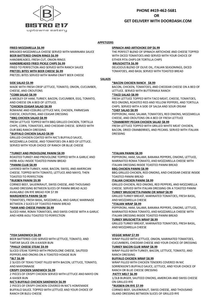 Menu at Bistro 217 restaurant, Galion