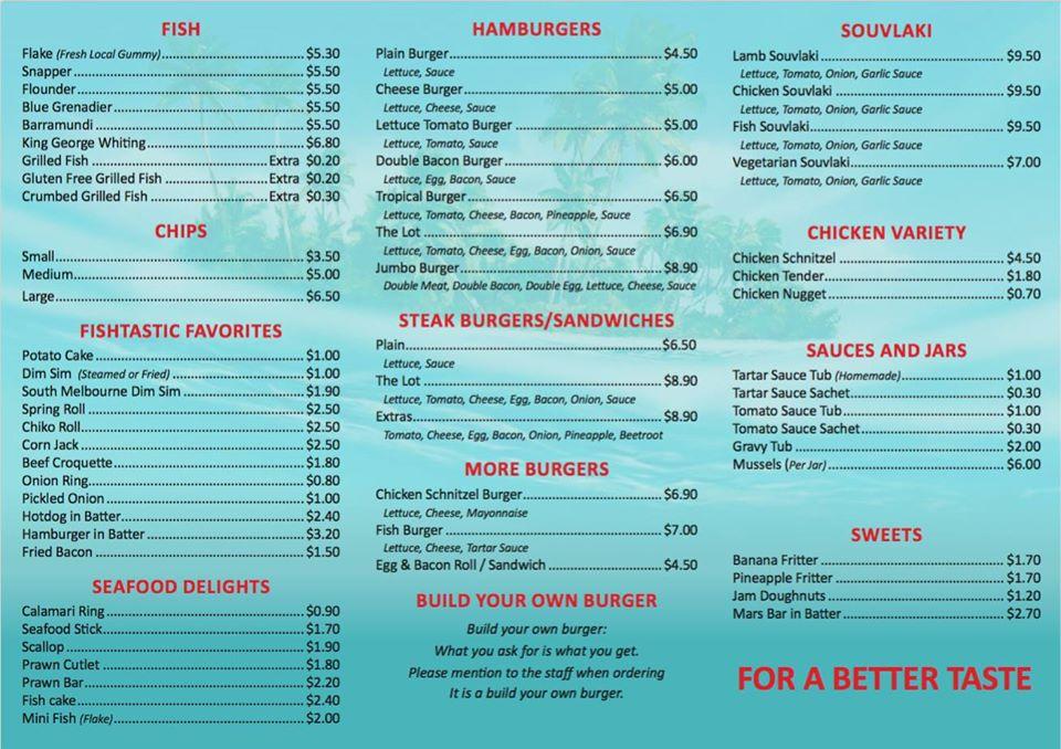 Menu at Fishtastic fast food, Berwick