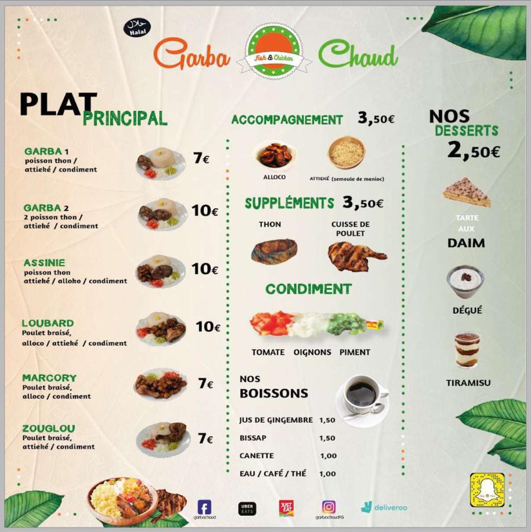 Menu au GARBA CHAUD Courneuve restaurant, La Courneuve