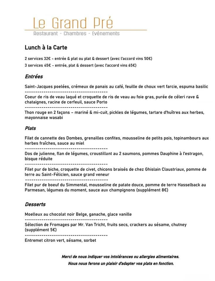 Menu au Le Grand Pré, Erquelinnes